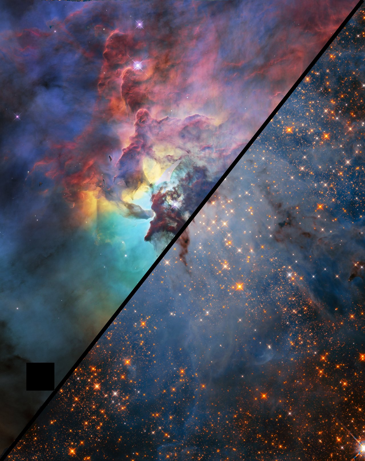 Comparison image of the Lagoon Nebula in optical and infrared | ESA/Hubble
