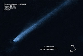 Compass and scale image for comet-like asteroid P/2010 A2 | ESA/Hubble